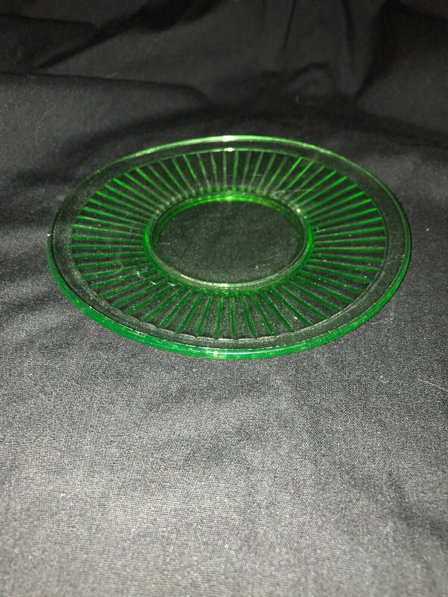 6” 1930 Round Robin Green Uranium Glass Bread Plate Set Of 7 Depressio